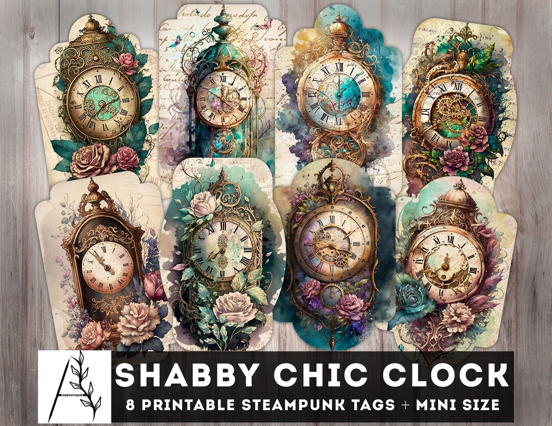 Shabby Chic Steampunk, Clock Junk Journal Tag, Vintage Flowers Clock ...