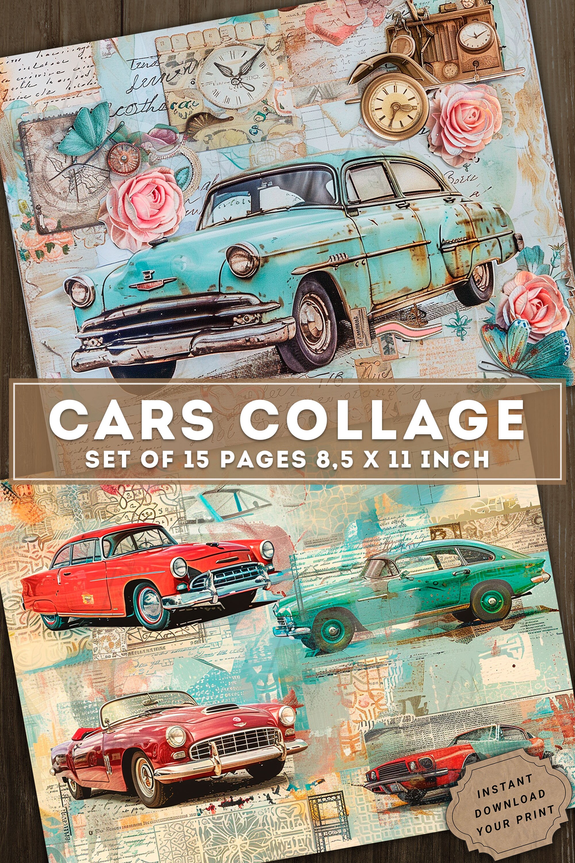 Cars Collage Paper, Vintage Cars Art Paper, Junk Journal, Cars Ephemera ...