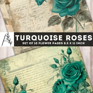 Turquoise Roses Paper, Old Pages Wit Flowers, 10 JPG Floral Digital ...