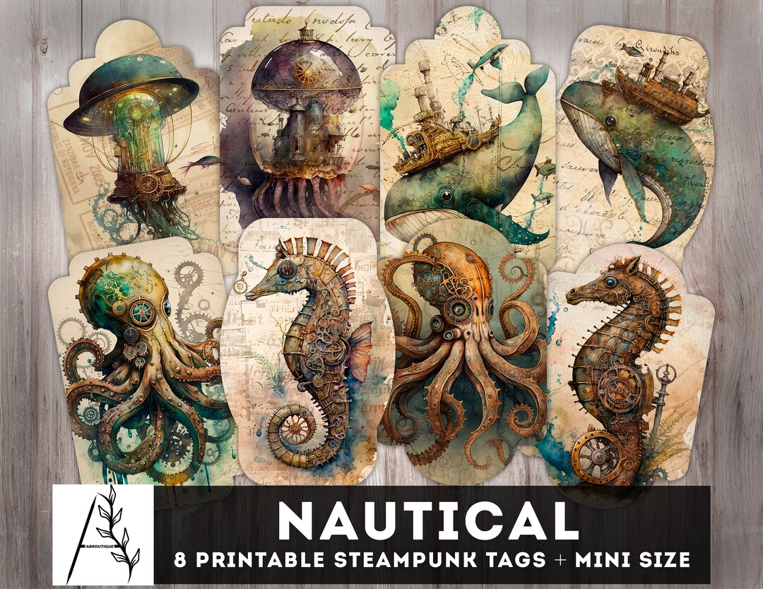 Steampunk Nautical Junk Journal Tag, Whale, Jellyfish, Seahorse ...