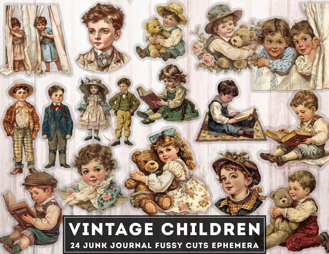 Vintage Children Ephemera Fussy Cuts, Kids 24 PNG Clipart Bundle + JPG ...