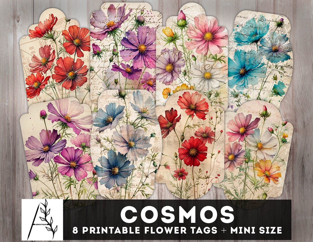 Cosmos Tags, Floral Journaling Labels, Junk Journal Tags, Flowers ...
