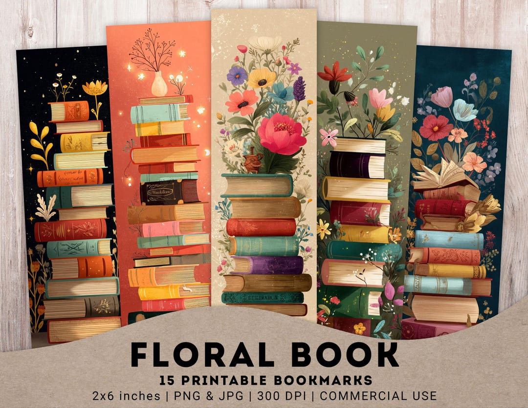 Floral Books 15 PNG Printable Flowers Bookmarks, Floral Book Stack ...