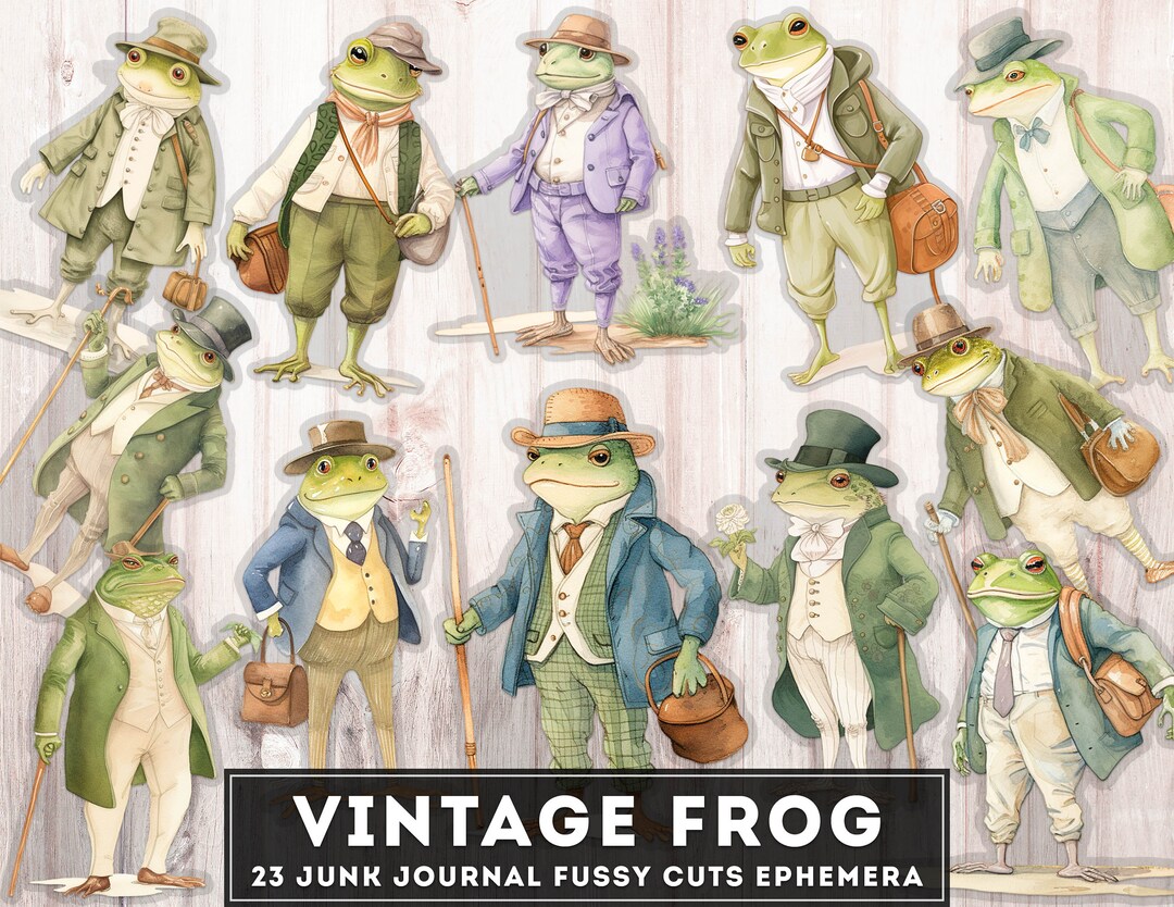 Vintage Frog Ephemera, Frog Fussy Cuts, 23 PNG Frog in Clothes Clipart ...