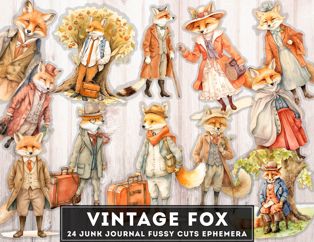 Vintage Fox Ephemera, Fox Fussy Cuts, 24 PNG Fox in Clothes Clipart ...