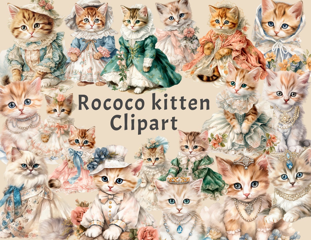 Rococo Kitten Clipart, 21 PNG Baby Cats Bundle, Vintage Cats Junk ...