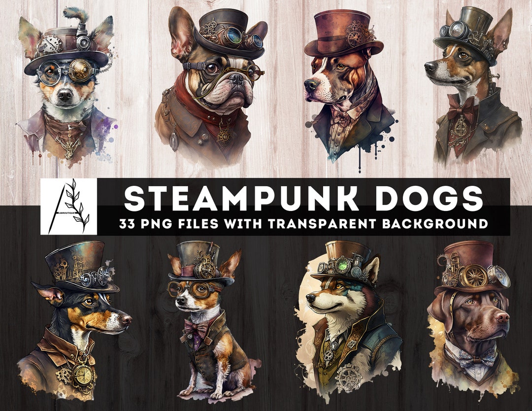 Steampunk Dogs Watercolor Clipart, 33 PNG Steampunk Printables, Junk ...