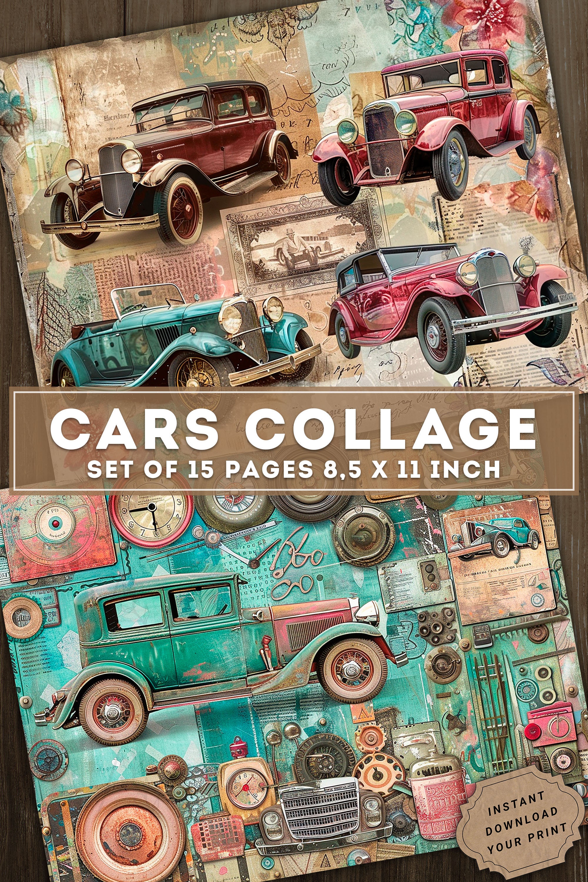 Cars Collage Paper, Vintage Cars Art Paper, Junk Journal, Cars Ephemera ...