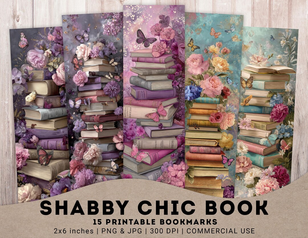 Shabby Chic Bookmarks, 15 PNG Printable Shabby Chic Book Stack ...