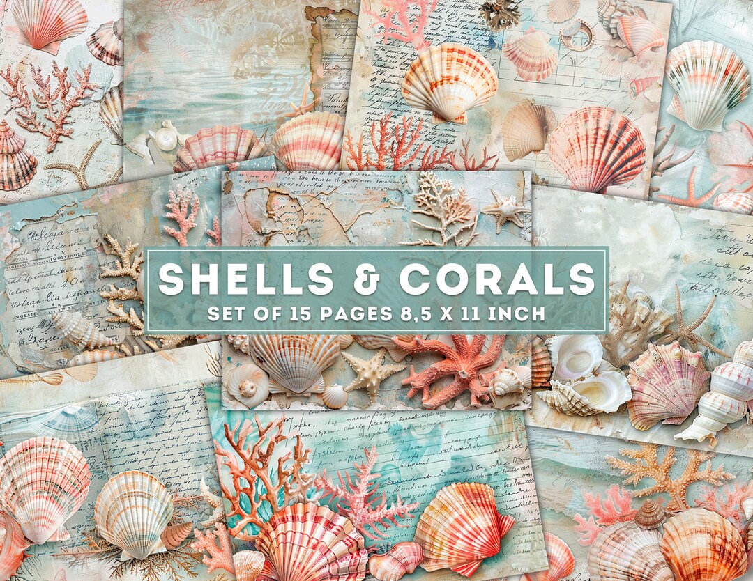 Watercolor Oceanic Collage, Shells & Corals, Junk Journal Paper ...