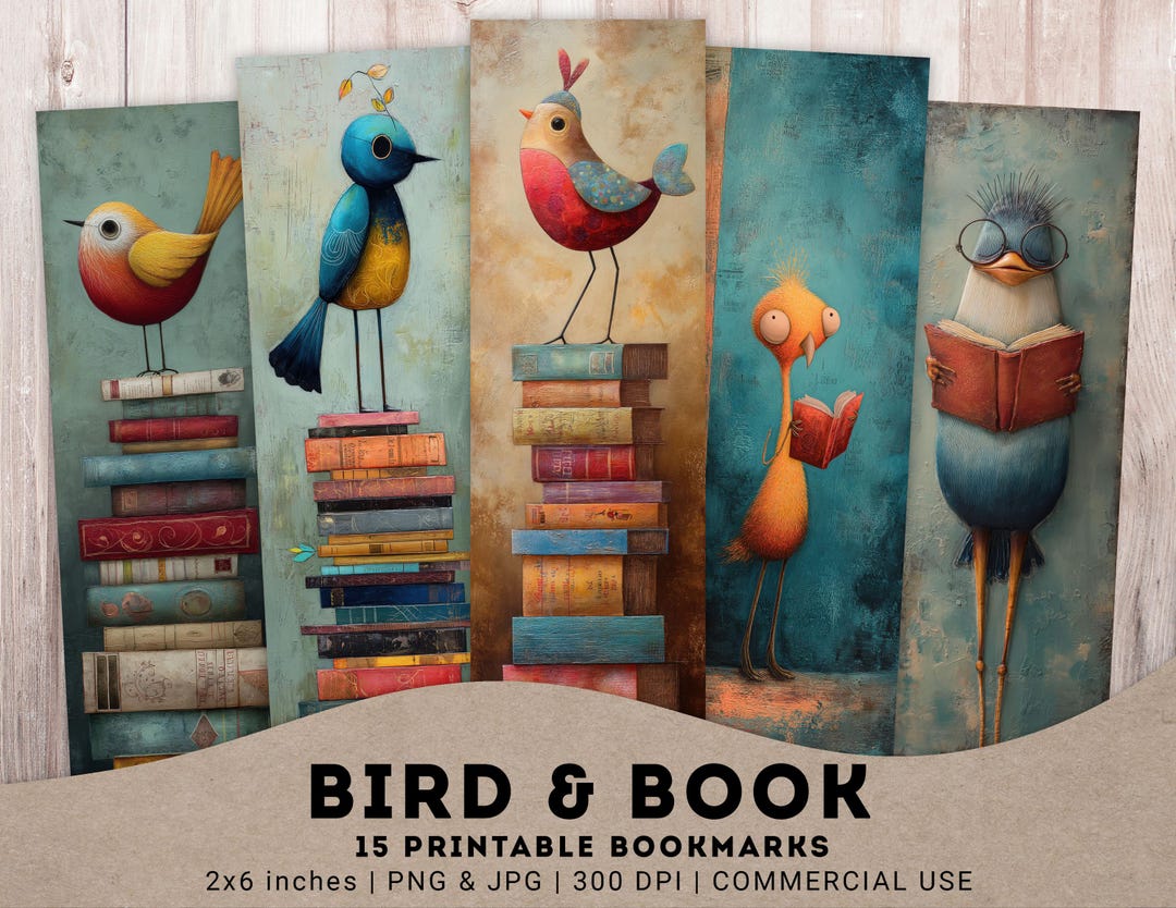 Bird & Book Bookmarks, 15 PNG Printable Whimsical Birds Reading Books ...
