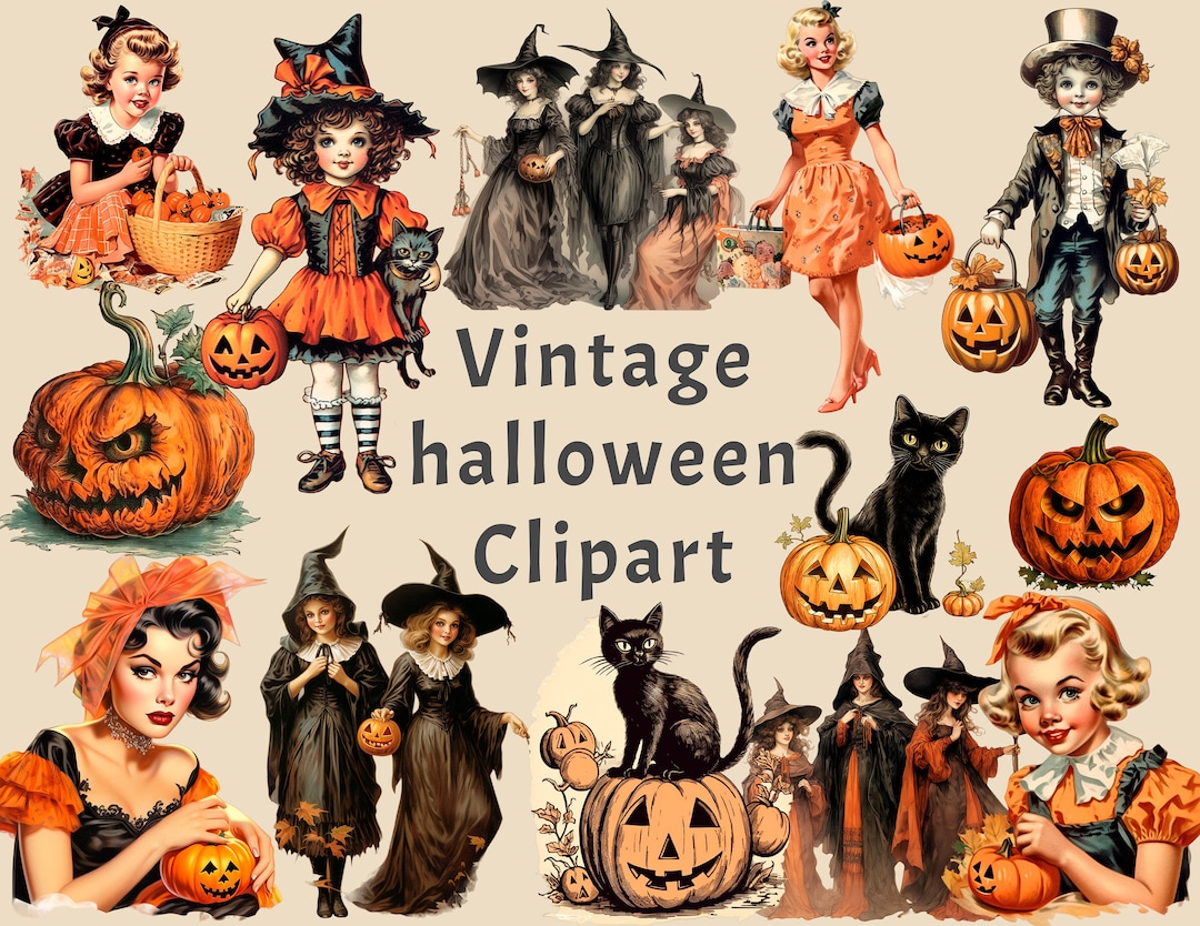 Vintage Halloween Clipart, 18 PNG Retro Halloween Bundle, American ...