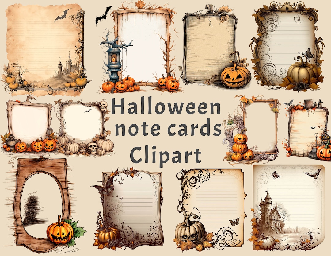 Halloween Note Cards Clipart, 12 PNG Retro Halloween Paper Bundle ...
