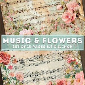 Music Notes Collage With Flowers, Junk Journal Kit, Antique Floral ...