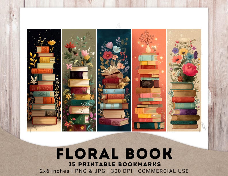 Floral Books 15 PNG Printable Flowers Bookmarks, Floral Book Stack ...