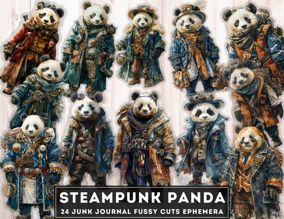 Steampunk Panda Clipart & Ephemera, Vintage Panda Fussy Cuts, Junk ...