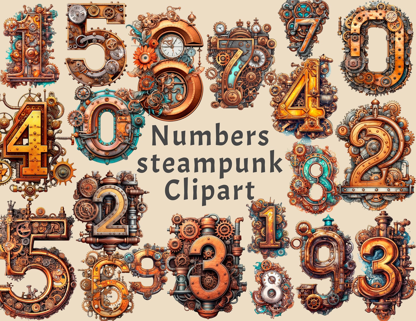 Steampunk Number Clipart, 20 PNG Different Numbers Bundle, Steampunk ...