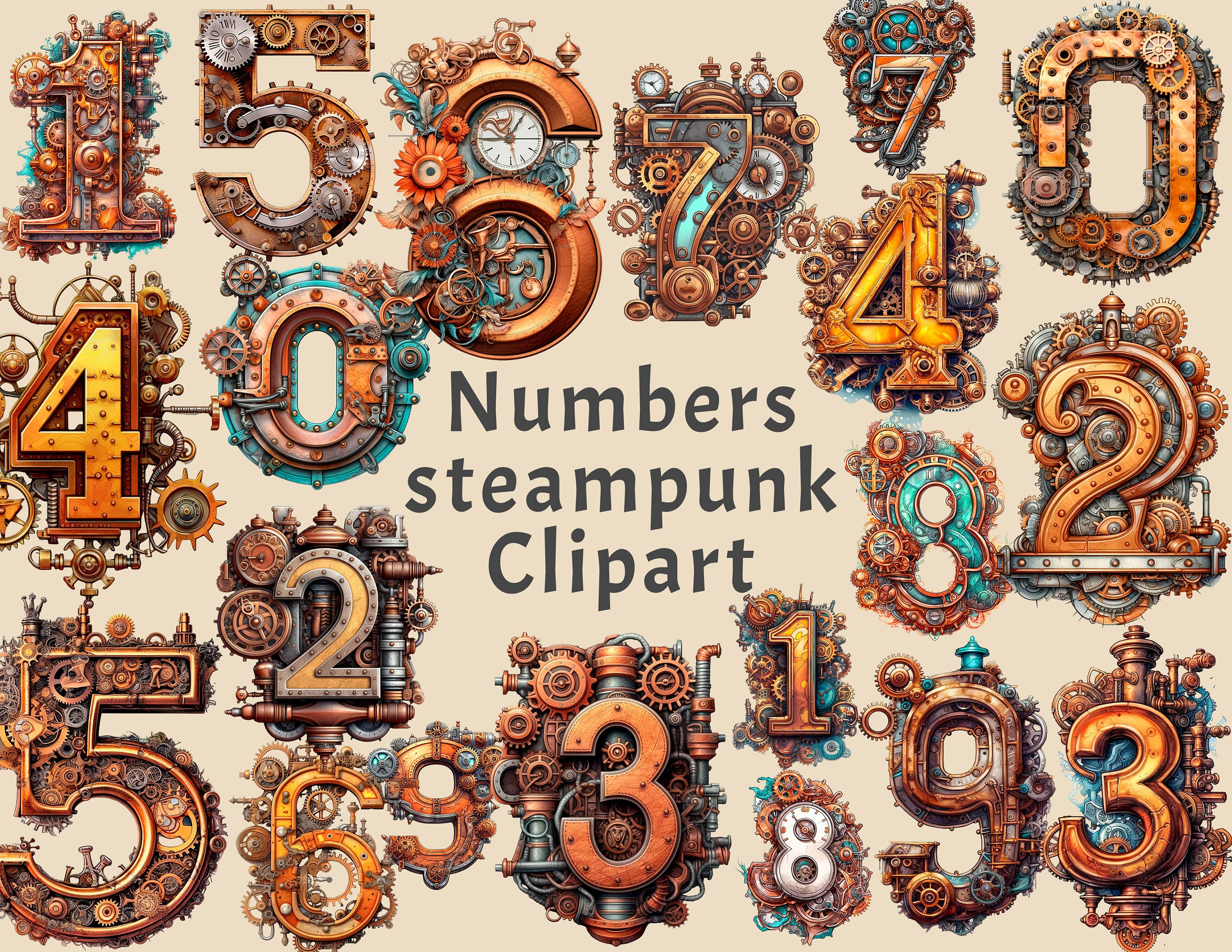 Steampunk Number Clipart, 20 PNG Different Numbers Bundle, Steampunk ...