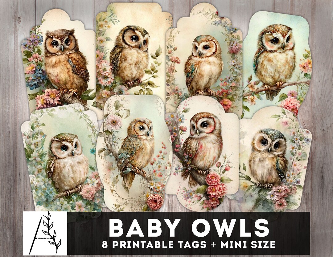 Baby Owls Junk Journal Tags, Vintage Owl Tag, Digital Journaling Labels ...