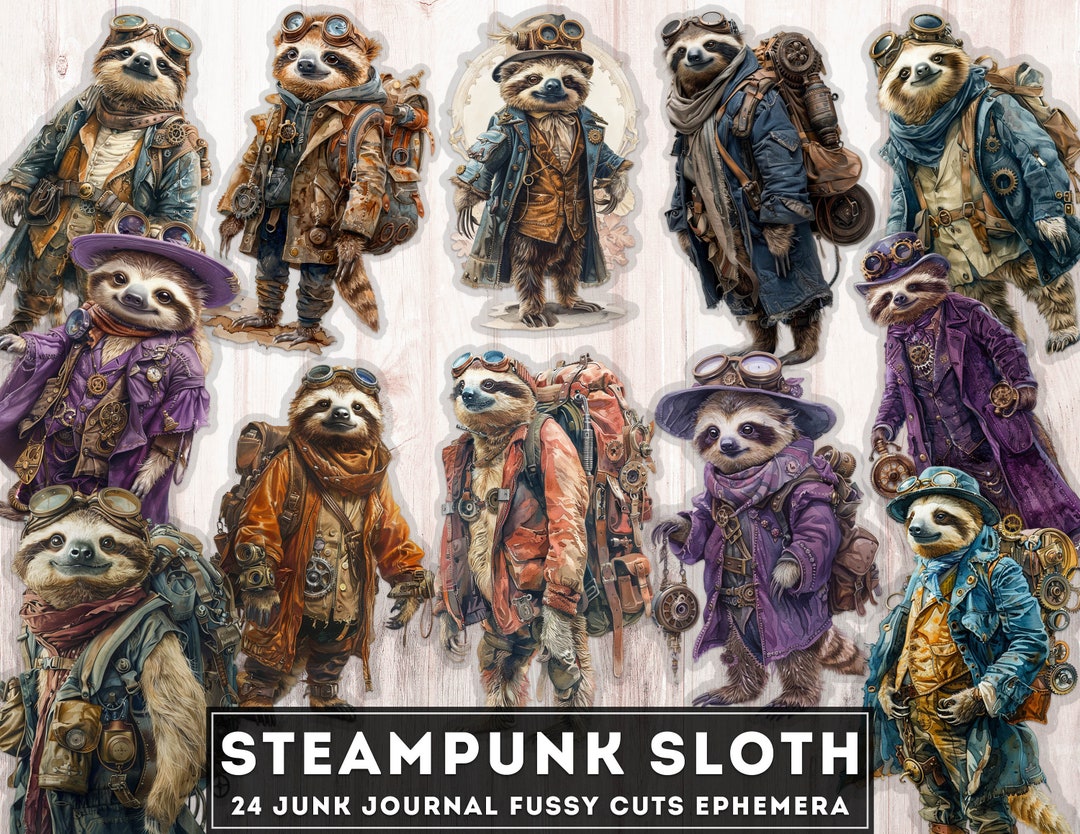 Steampunk Sloth Clipart & Ephemera, Vintage Sloth Fussy Cuts, Junk ...
