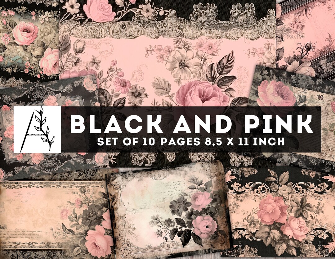 Black & Pink Junk Journal Kit, Rose Floral Digital Paper, Junk Journal ...