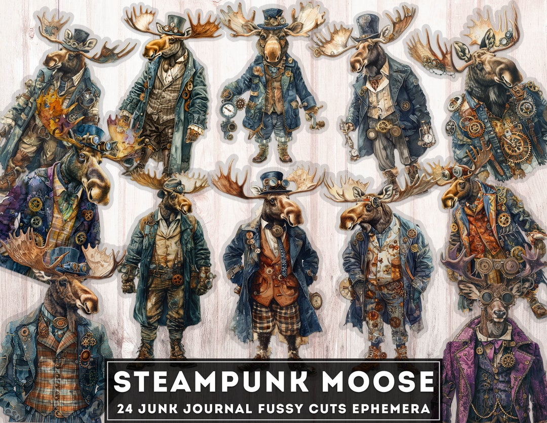 Steampunk Moose Clipart & Ephemera, Vintage Moose Fussy Cuts, Junk ...