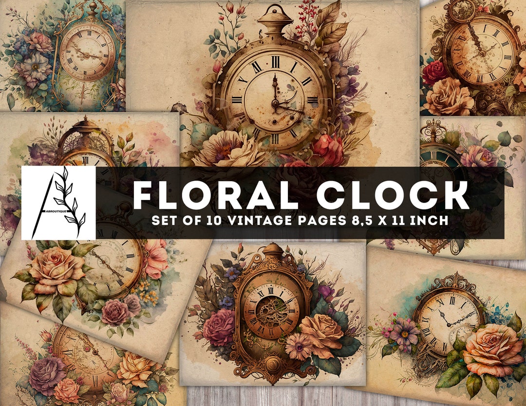 Flower Clock, Floral Clock Face Paper Pack, Vintage Junk Journal Kit ...