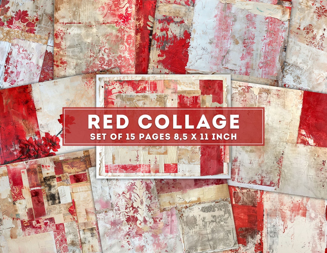 Red Collage, Mixed Media, Textiles & Paint, Junk Journal Ephemera ...