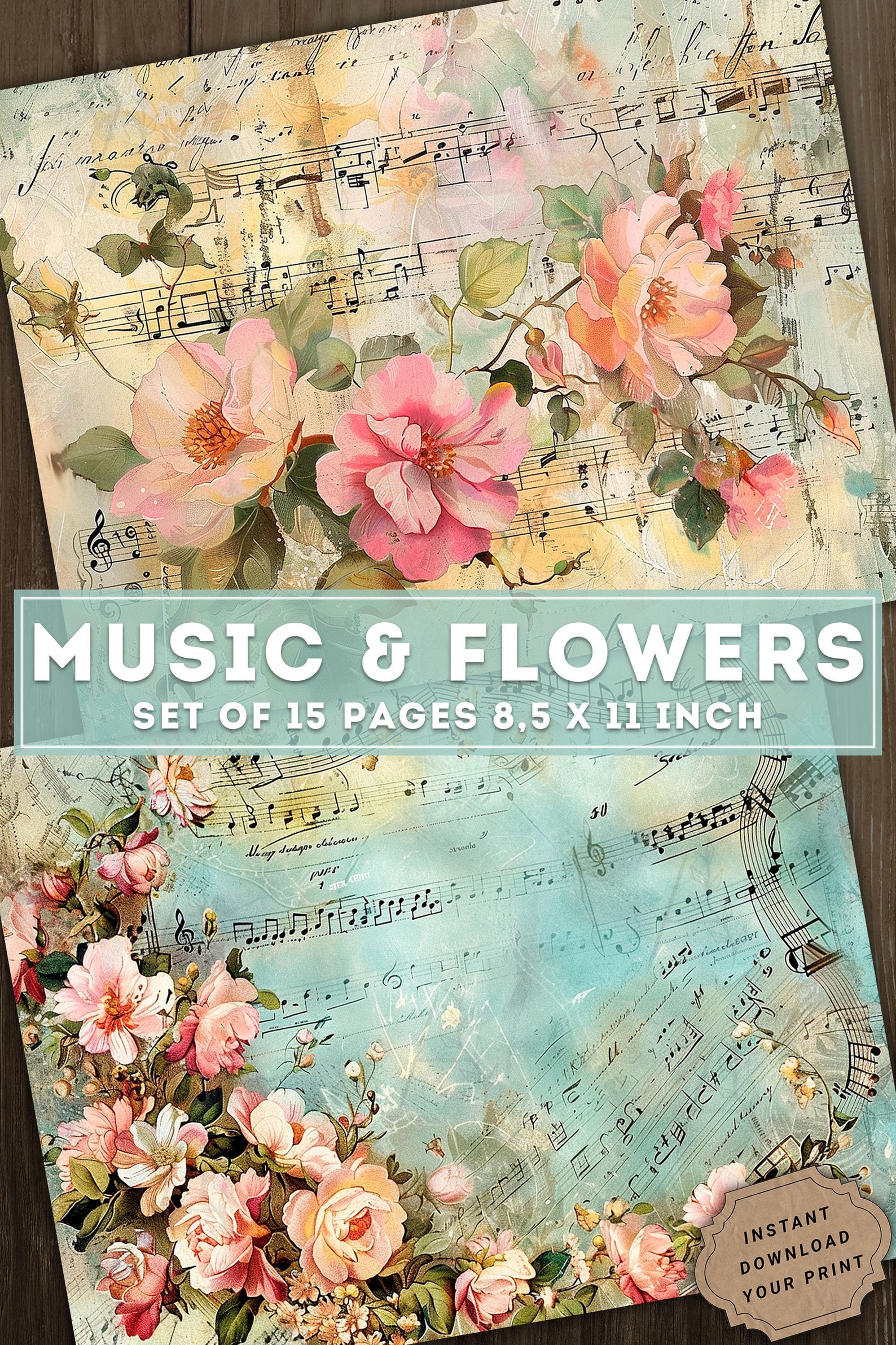 Music Notes Collage With Flowers, Junk Journal Kit, Antique Floral ...