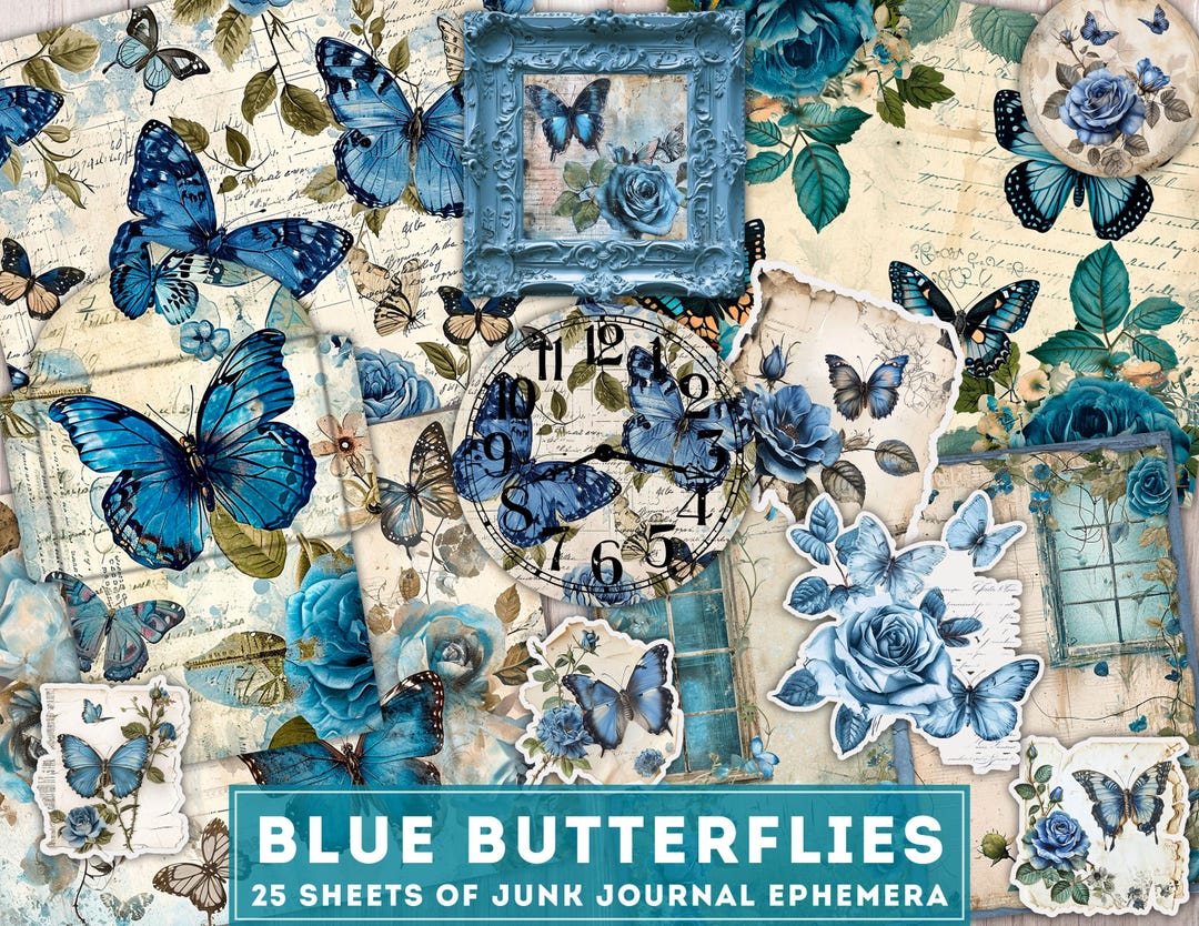 Printable Blue Butterfly Digital Project, Vintage Junk Journal Kit ...