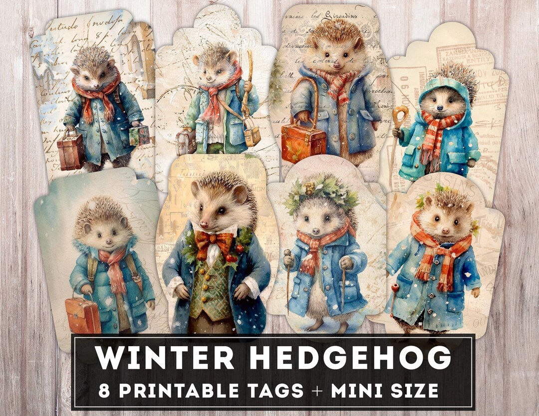 Winter Hedgehog Junk Journal Tags, Vintage Hedgehog Tag, Christmas Tag ...