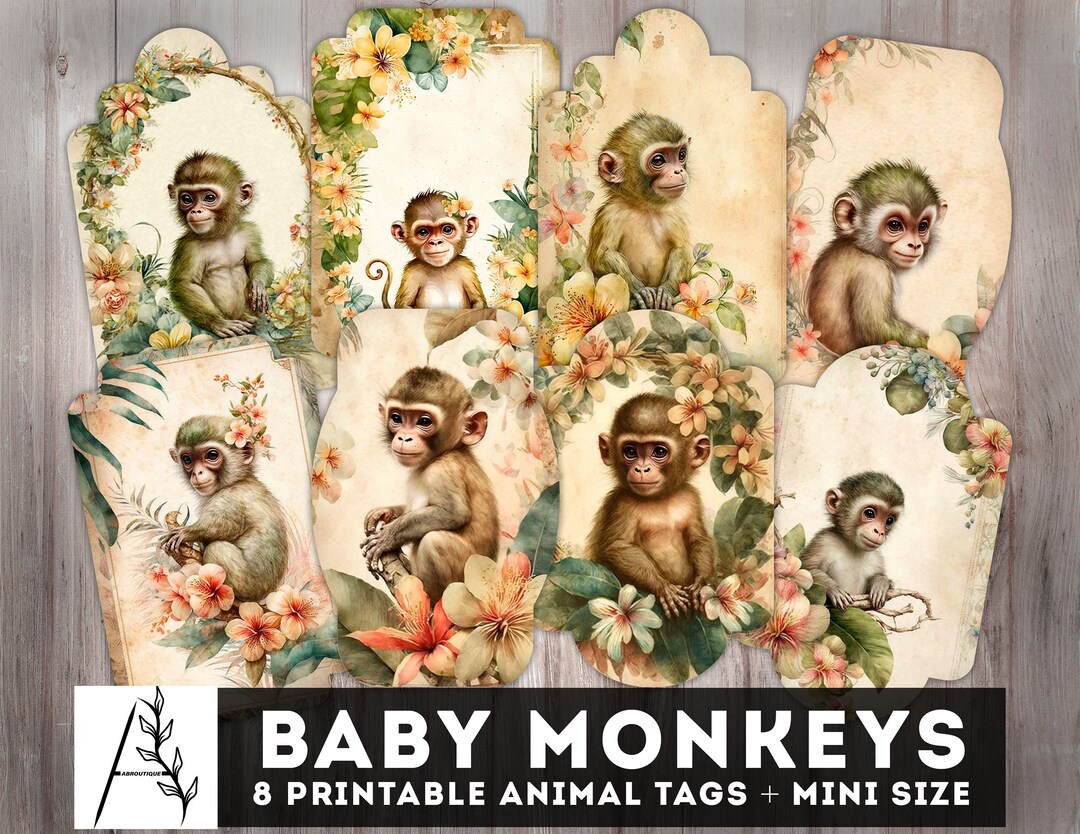 Baby Monkeys Junk Journal Tags, Vintage Monkeys Tag, Digital Journaling ...
