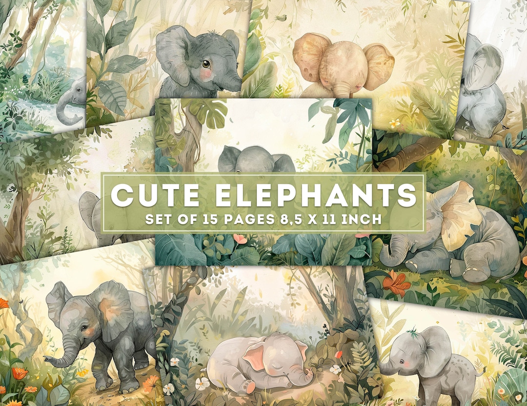 Cute Elephants Digital Paper, Junk Journal Kit, Baby Elephants, Kids ...