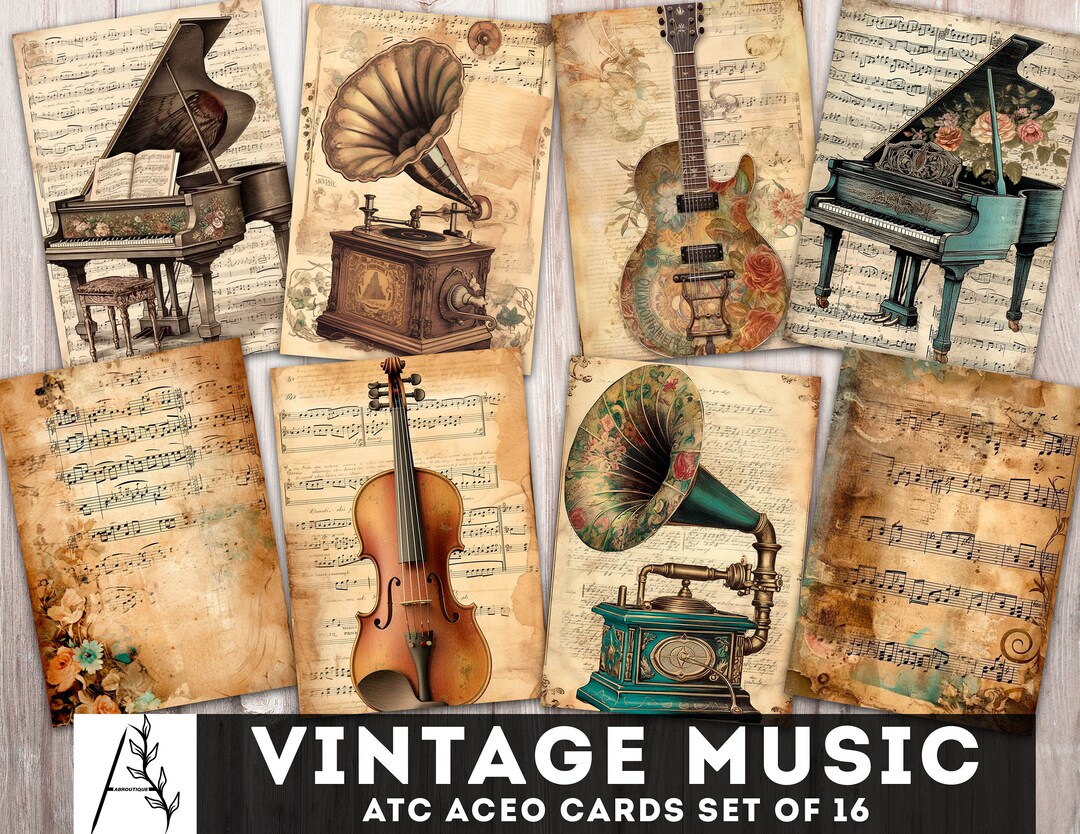 Vintage Music Card, Musical Notes Junk Journal Printable ATC ACEO Cards ...