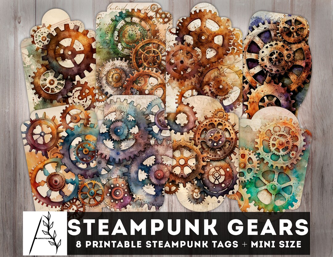 Junk Journal Tags, Watercolor Steampunk Gears Tags, Vintage Gears Tag ...