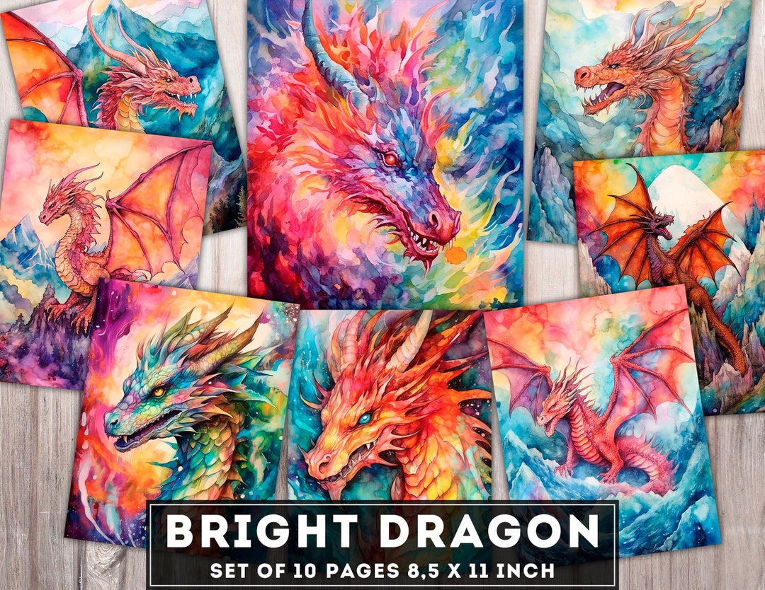 Bright Dragons Paper Kit, Watercolor Dragon Printables, Alcohol Ink ...