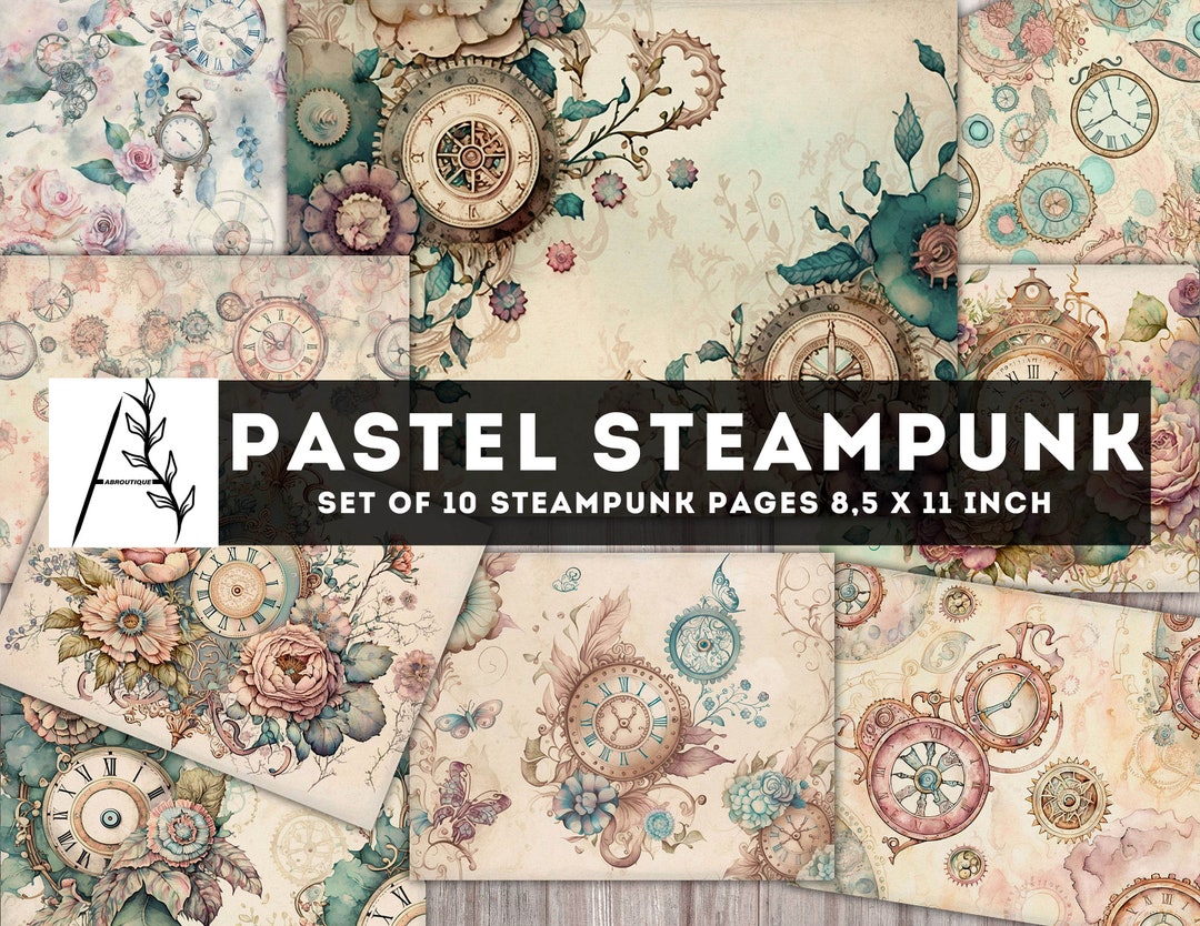 Pastel Steampunk Paper Pack, Vintage Junk Journal Kit, Steampunk Clock ...