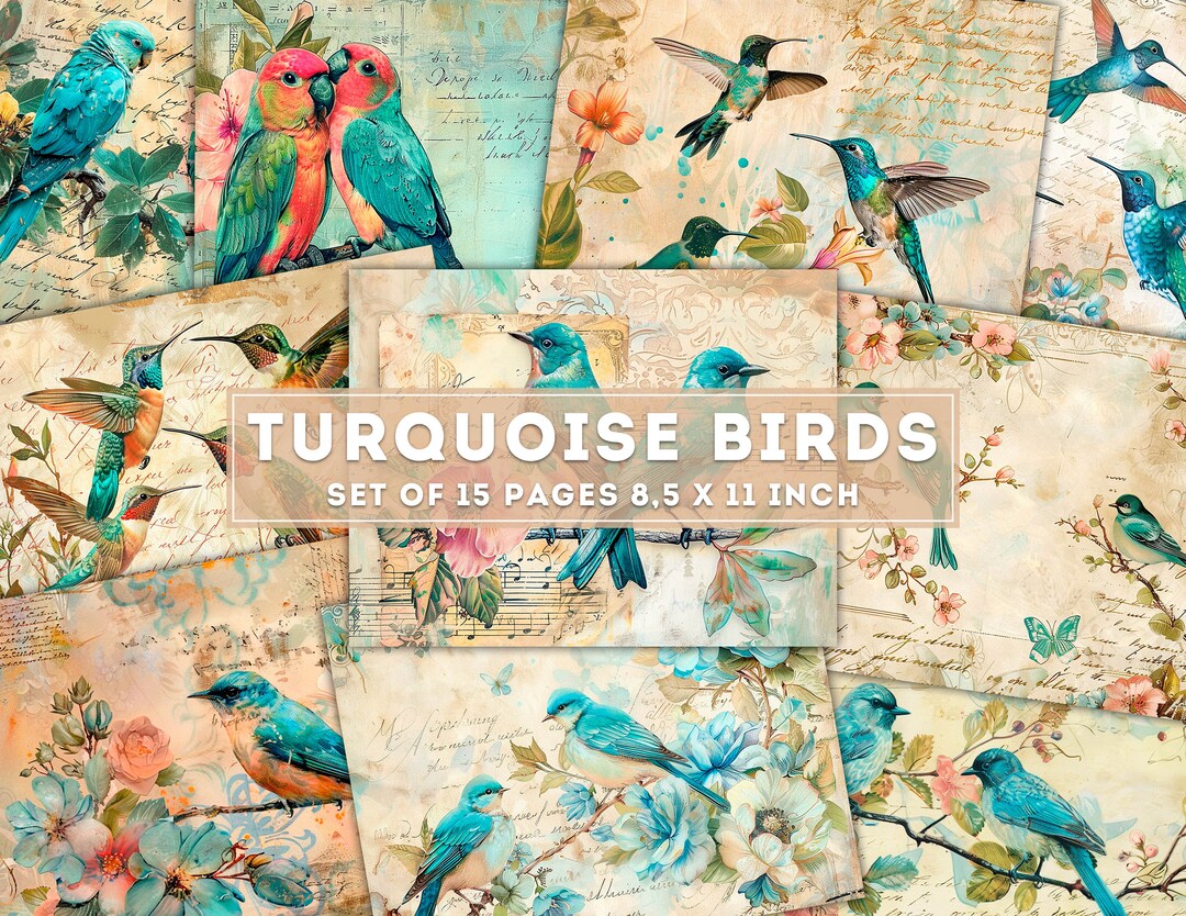 Turquoise Birds Collage, Junk Journal, Shabby Chic Paper, Vintage ...