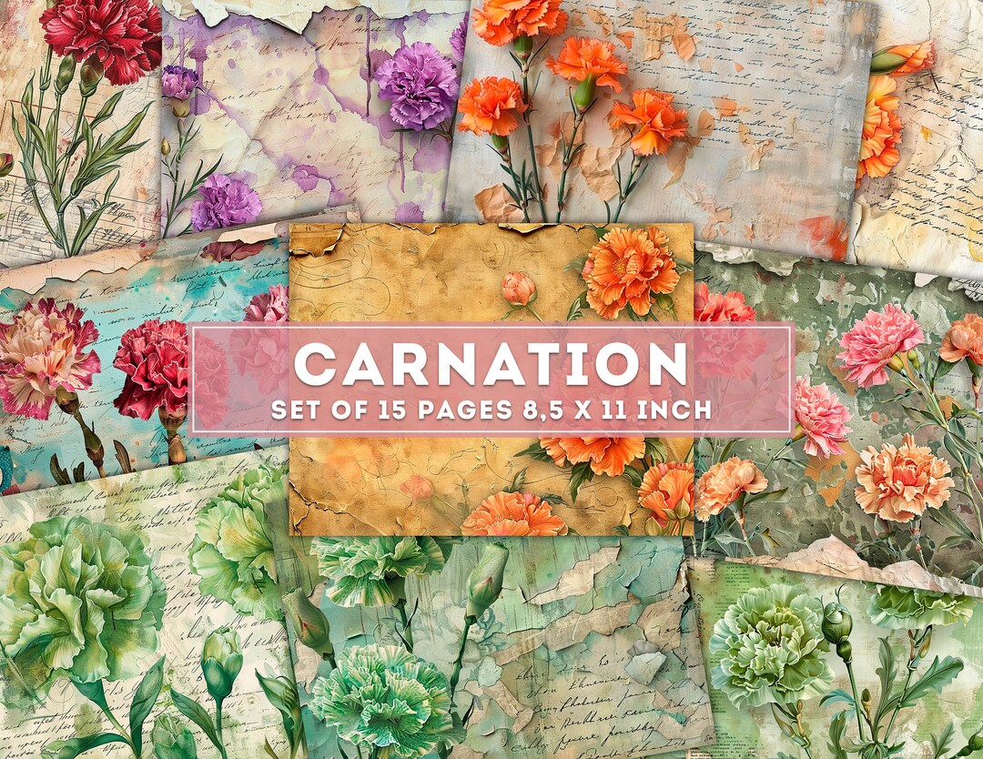 Carnation Collage, Junk Journal, Vintage Paper Pack, Floral Digital ...