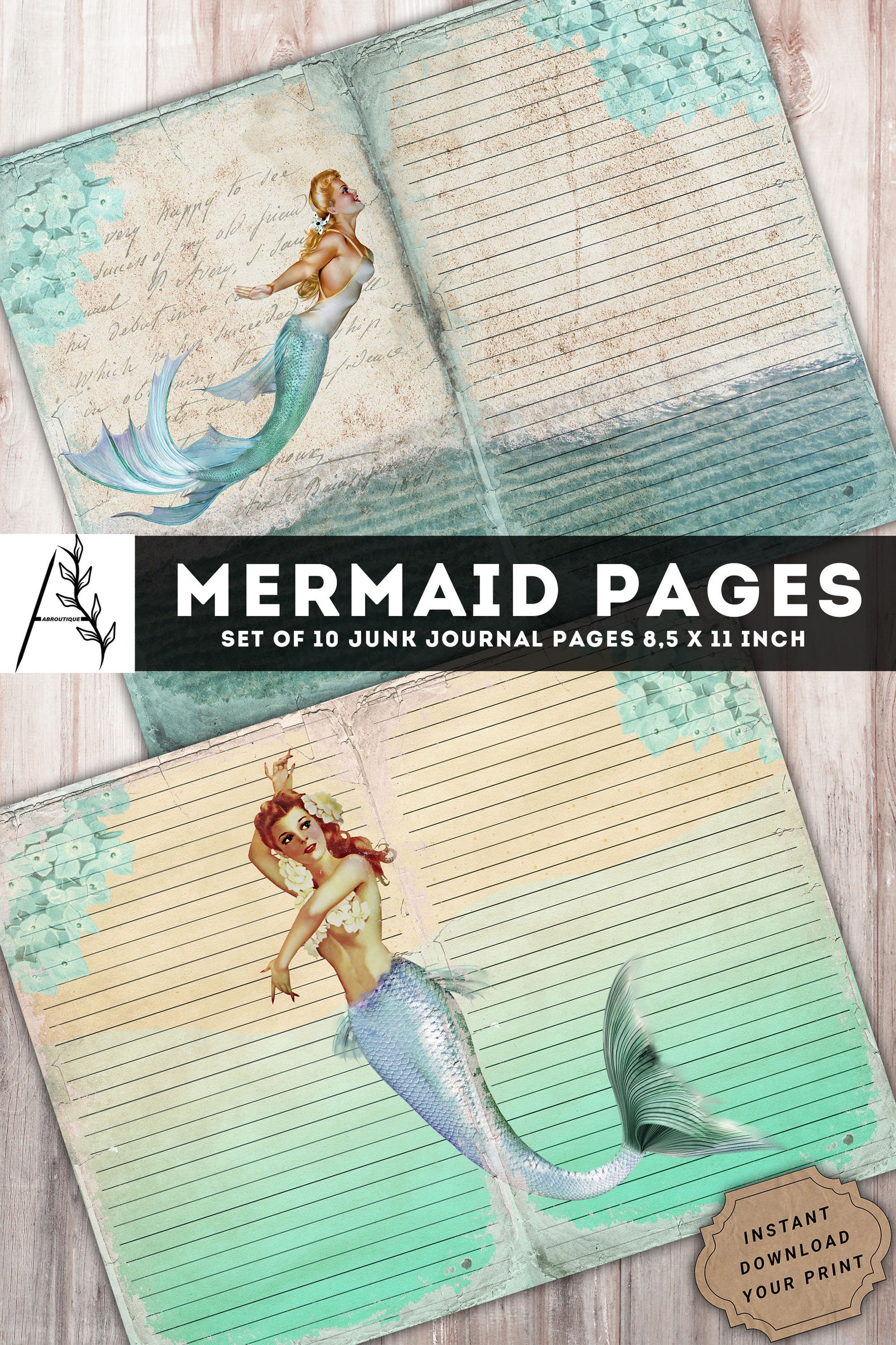 Mermaid Junk Journal Pages Mermaid Lined Paper Mermaid - Etsy