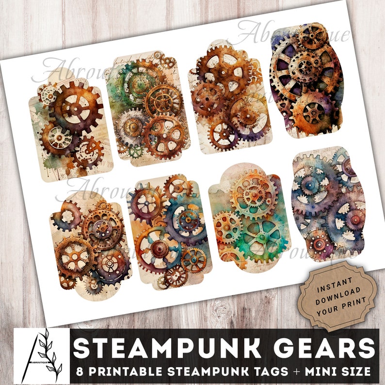 Junk Journal Tags, Watercolor Steampunk Gears Tags, Vintage Gears Tag ...