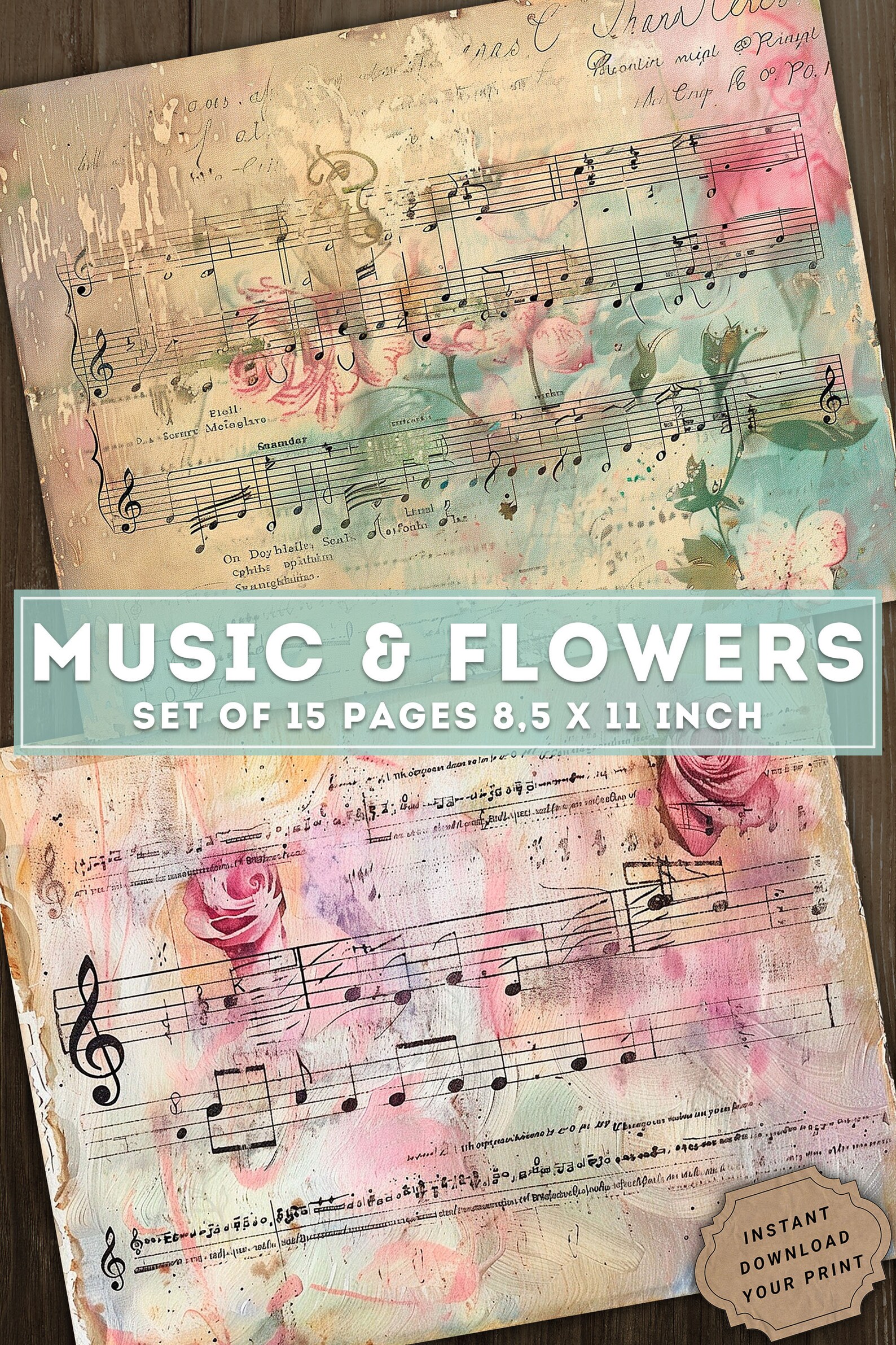 Music Notes Collage With Flowers, Junk Journal Kit, Antique Floral ...