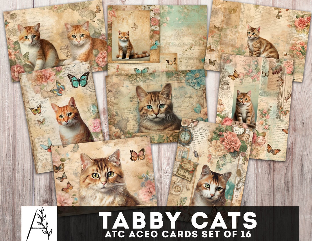 Tabby Cats Cards, Kitten Junk Journal Kit, Printable ATC ACEO Cards 2.5 ...