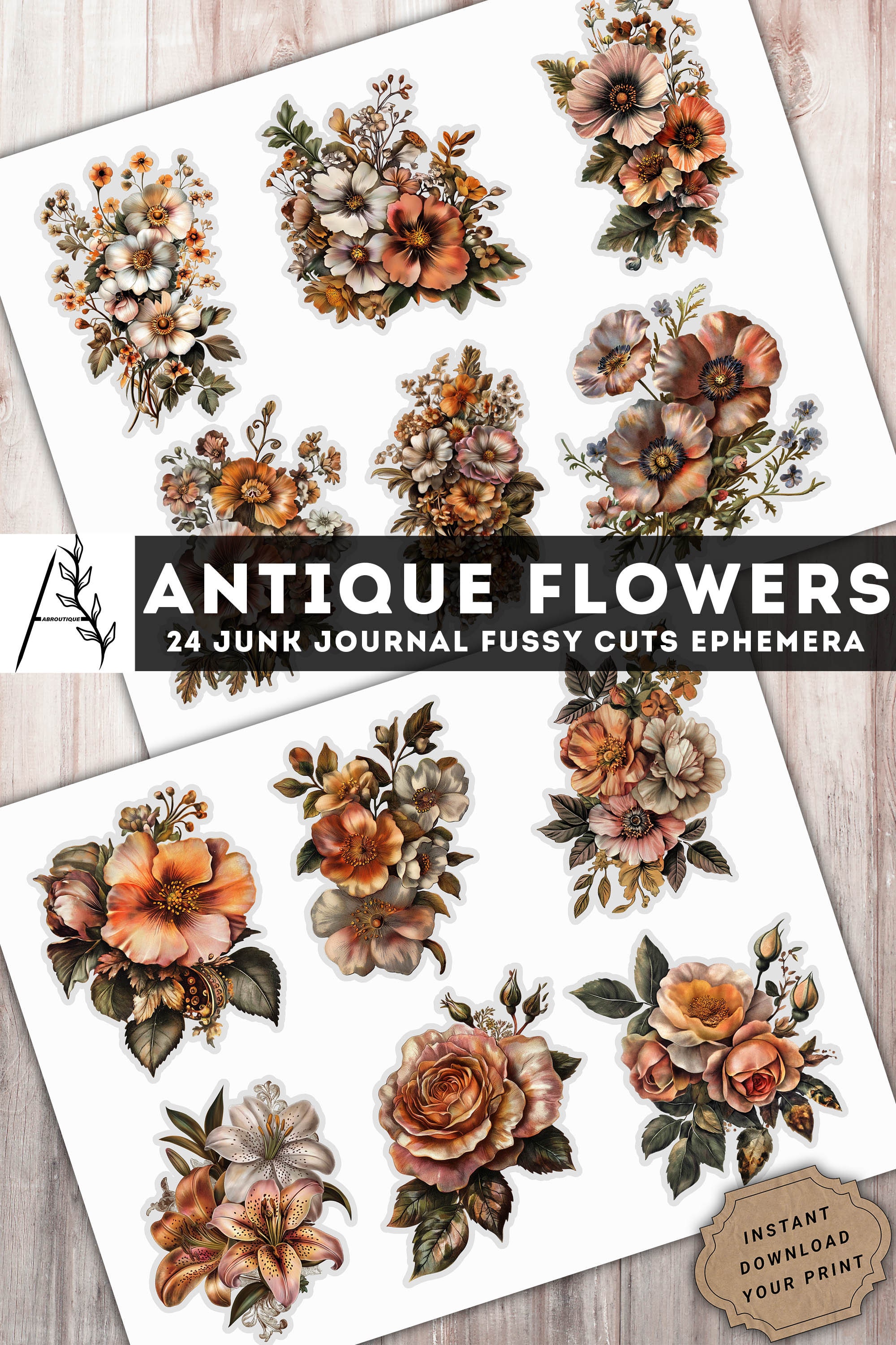 Antique Flowers Ephemera, Floral Fussy Cuts, 24 PNG Flowers Clipart ...