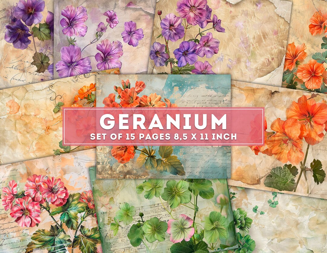 Geranium Collage, Junk Journal Kit, Vintage Flowers Paper, Floral ...