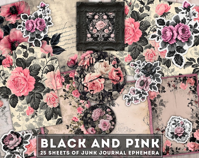 Black & Pink Junk Journal Kit, Rose Digital Printables, Flower Collage ...