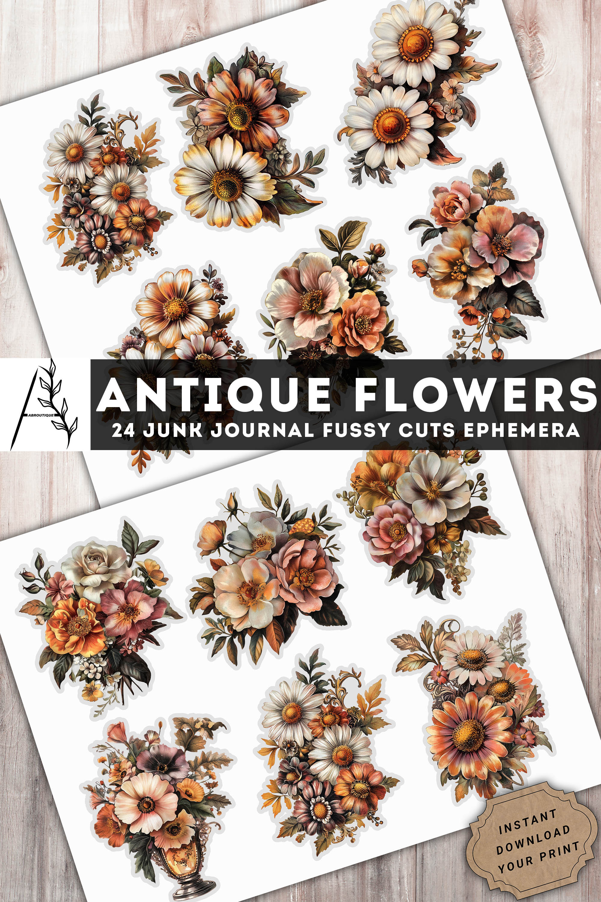Antique Flowers Ephemera, Floral Fussy Cuts, 24 PNG Flowers Clipart ...