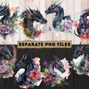 Watercolor Goth Dragons Clipart 16 PNG Dragons With Flowers - Etsy