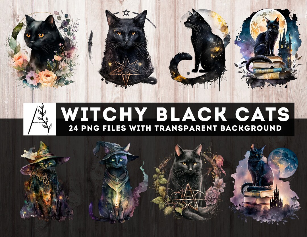 Watercolor Witch Black Cats Clipart, 24 PNG Witchy Bundle, Junk Journal ...