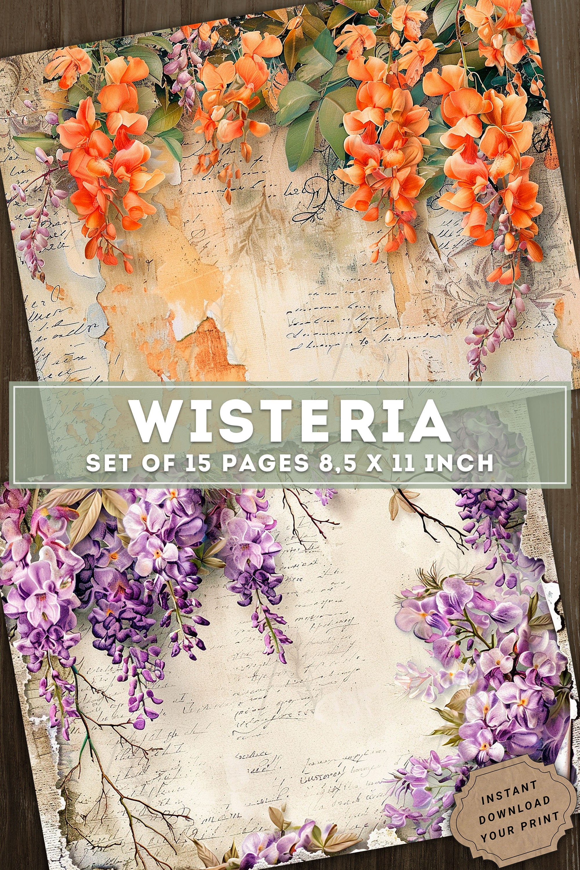 Wisteria Collage, Junk Journal Kit, Colorful Vintage Flowers Paper ...